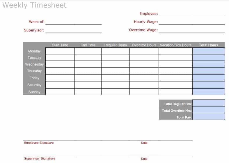 Downloadable Free Printable Weekly Timesheet Template Francesco Printable